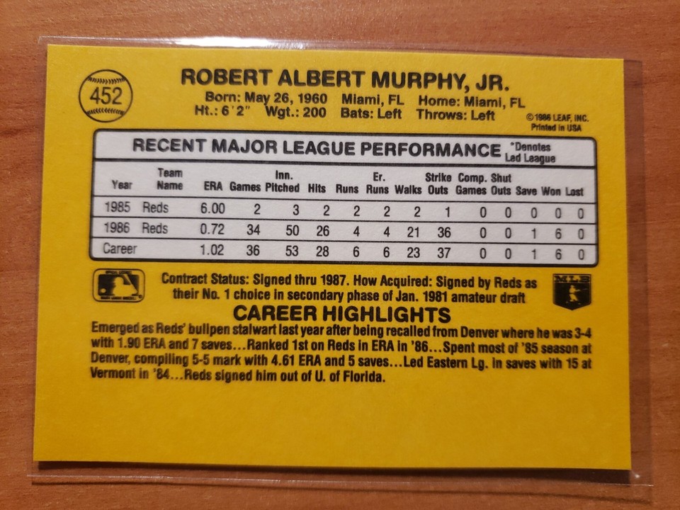 1987 Donruss #452 Rob Murphy - Cincinnati Reds - MLB - Freshly Pulled ...