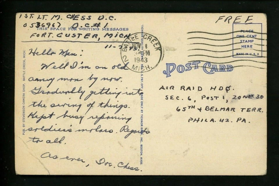 Military Base postcard Service Club Fort Custer, Michigan MI linen ...