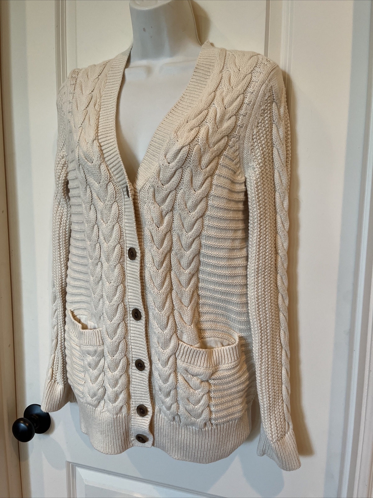 WOMENS GAP CREAM CABLE COTTON /WOOL KNIT CARDIGAN SMA… - Gem