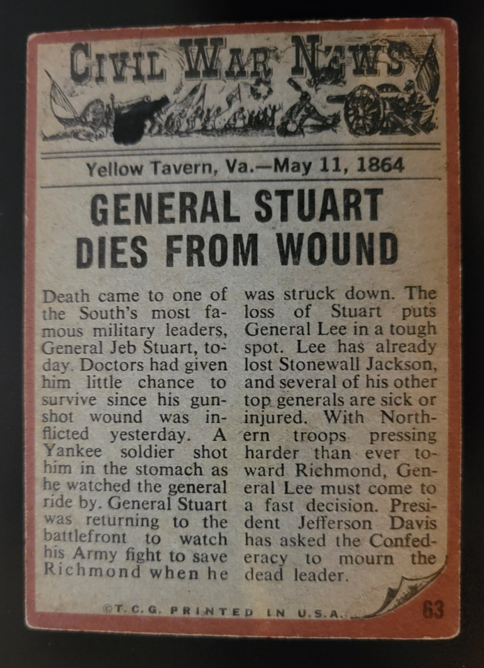 *VINTAGE* 1962 TOPPS CIVIL WAR NEWS #63 AMBUSHED-DEATH OF GEN JEB ...