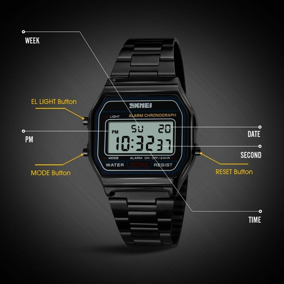 Retro Sports Watch Digital Waterproof Stainless Steel Band Wristwatch ...