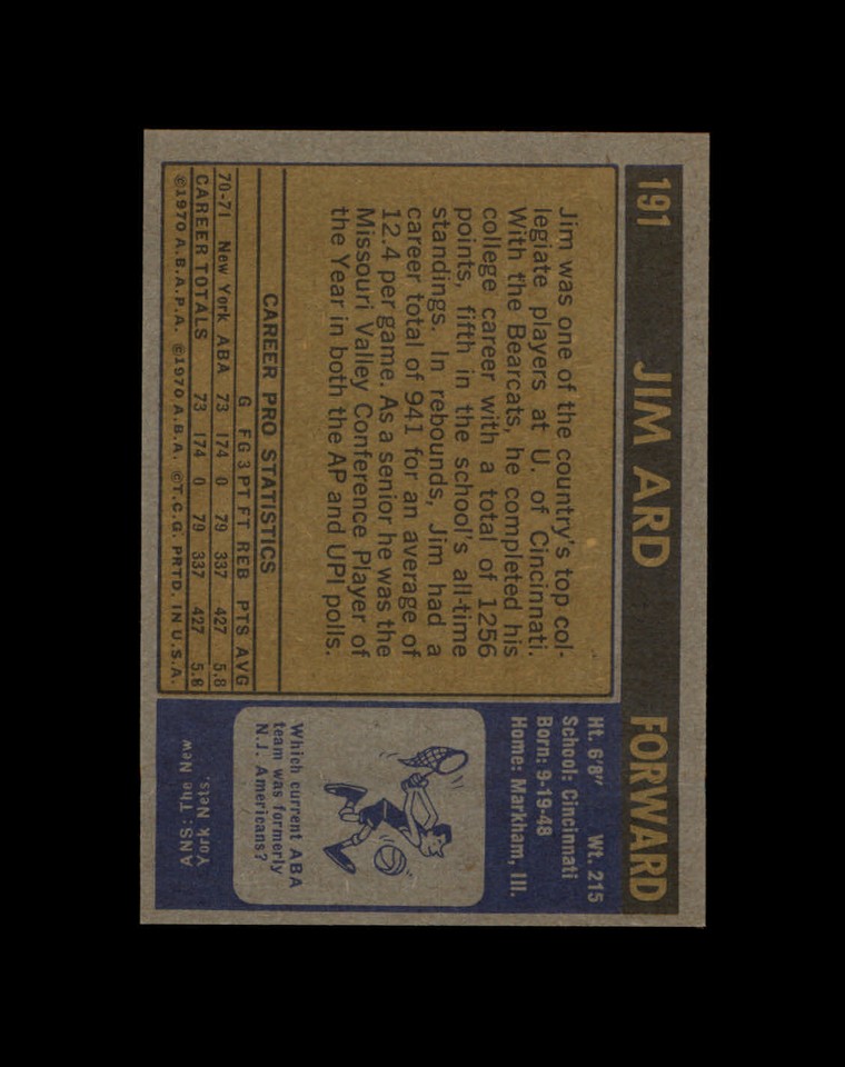 1971 Topps Basketball #191 Jim Ard STARX 8 NM/MT (CS131208) | eBay