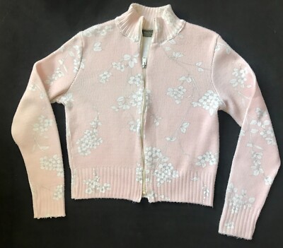 NORMAN TODD CARDIGAN PINK WHITE FLORAL WOOL SWEATER ZIPPER Sz S UNIQUE ...