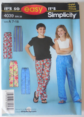 Simplicity Easy Sewing Pattern #4039, Girls' & Boys' Pants, Size A 7-16 ...