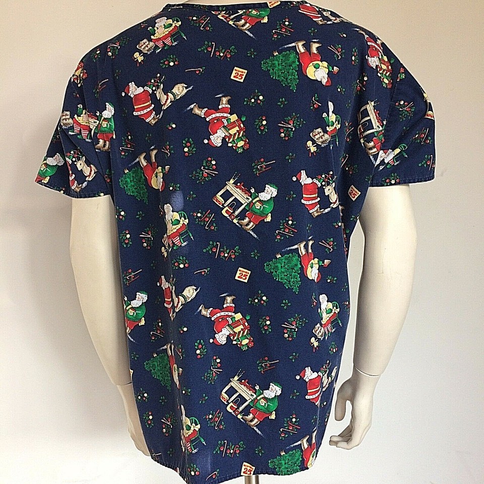 Santa Claus Scrub Women's 2XL Santa Presents Workshop Tree Candy Canes ...