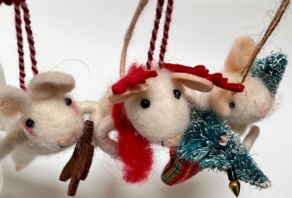 3 Felted Wool Christmas Ornaments MICE Mouse Reindeer Plaid Jumper ...