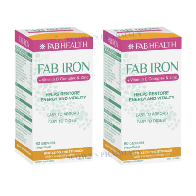 2x FAB IRON Vitamin B Complex & Zinc Restore Energy Vitality Gentle 60 ...