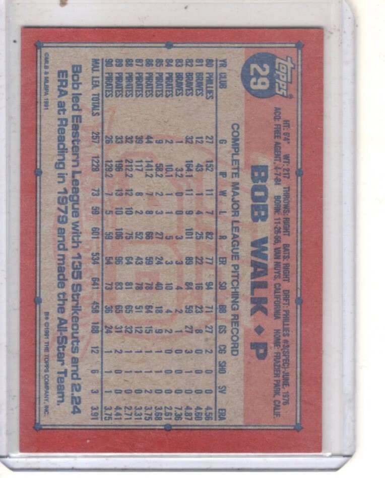 1991 Topps #29 Bob Walk Pittsburgh Pirates baseball card | eBay