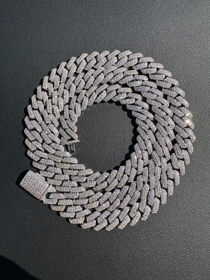 MOISSANITE Real Miami Cuban Link Prong Chain Iced Hip Hop 925 Silver ...