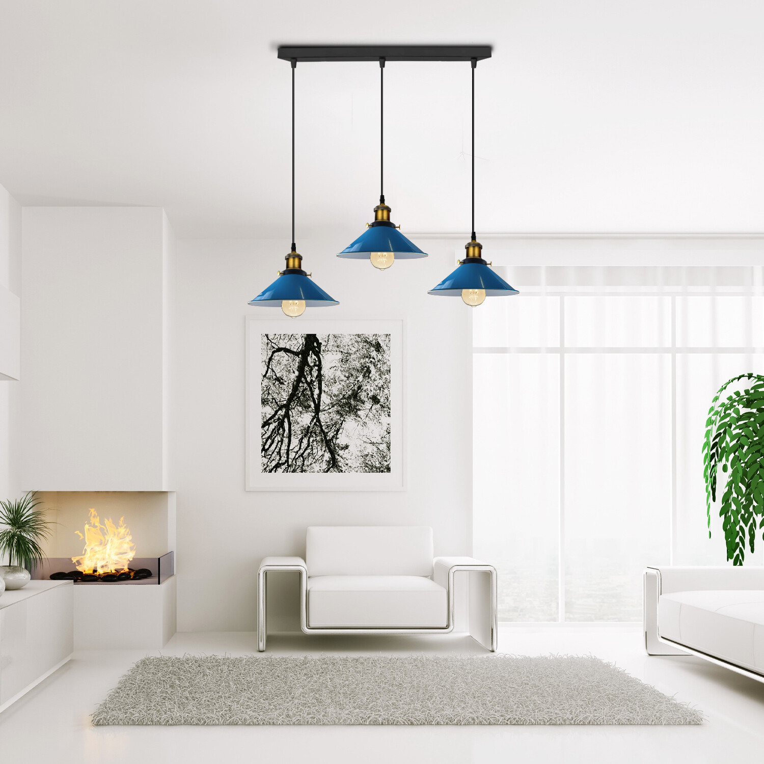 3 Way Ceiling Light 3 Head Pendant Hanging Lamp Shade Industrial Retro ...