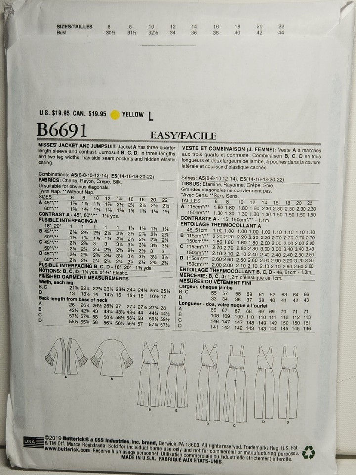 BUTTERICK PATTERN 6691 JUMPSUIT JACKET MISSES SIZES 6 8 10 12 14 UNCUT ...