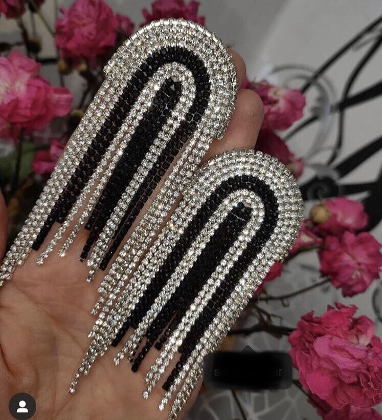 Handmade Black Long Earrings, Wedding Rhinestone Waterfall Earrings | eBay