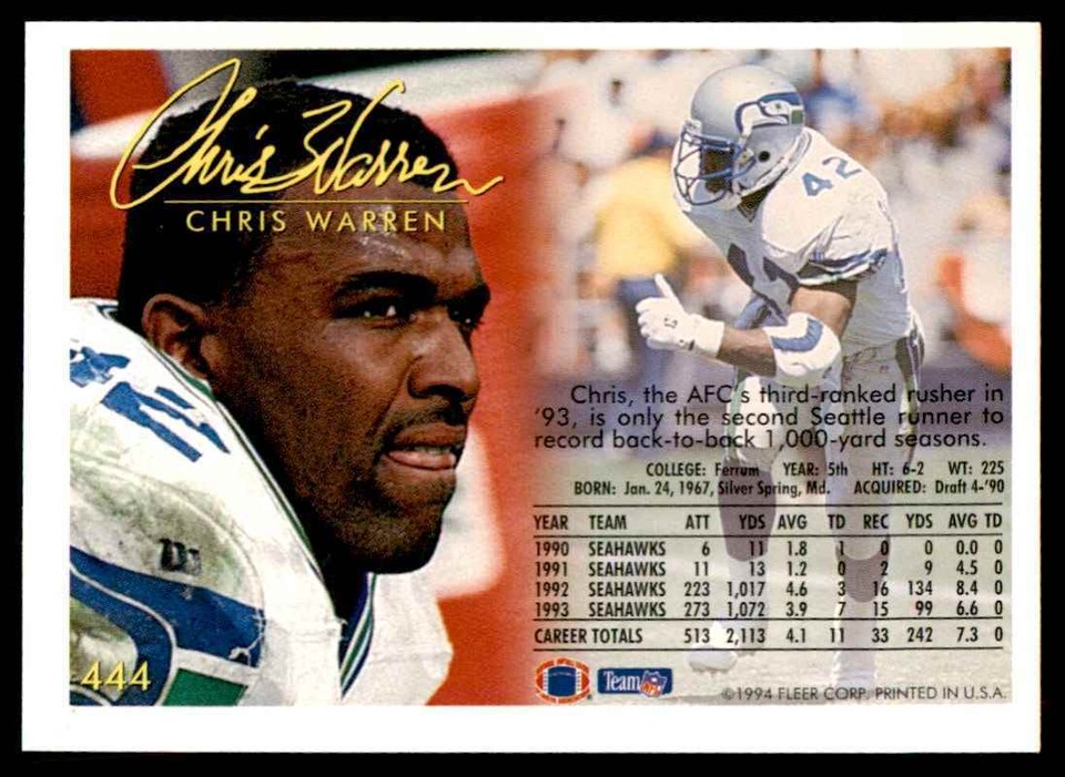 1994 Fleer Chris Warren Seattle Seahawks #444 | eBay