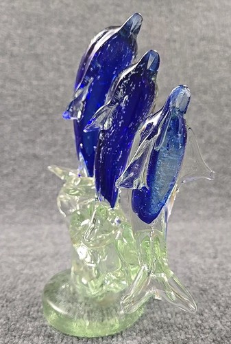 Art Glass 3 DOLPHINS ON WAVES Cobalt Blue and Clear | eBay