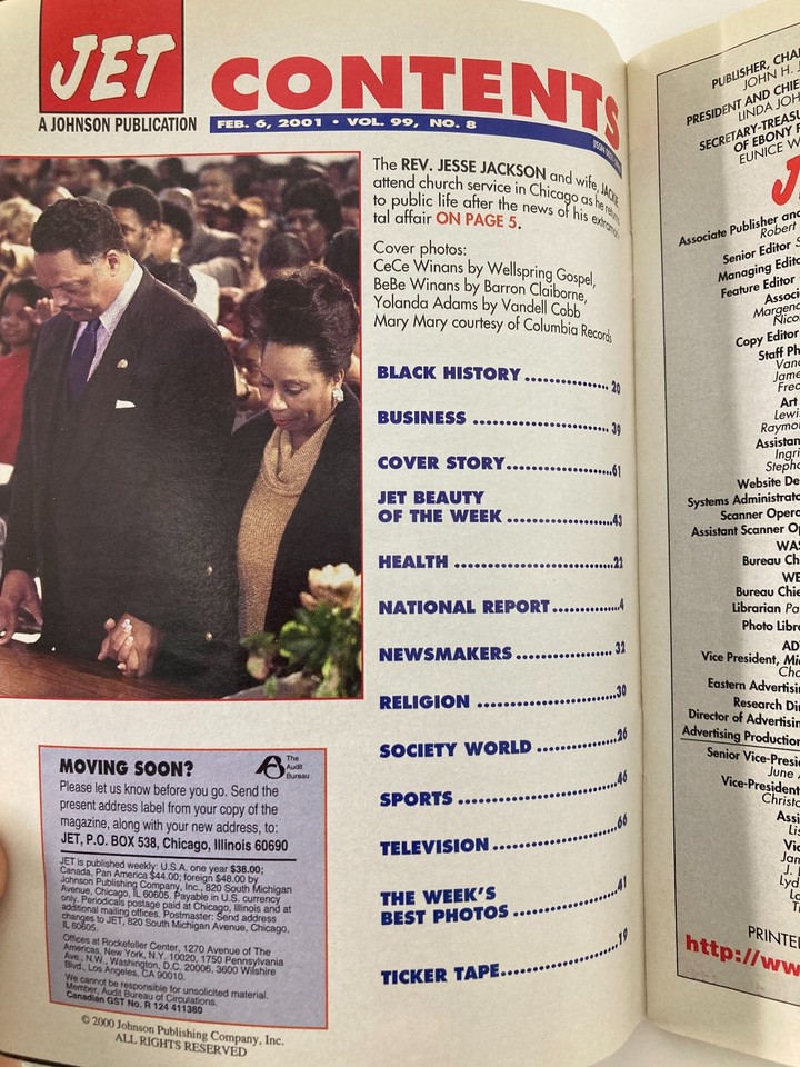 Jet Magazine February 5 2001 Vol 99 #8 CeCe & BeBe Winans, Yolanda ...