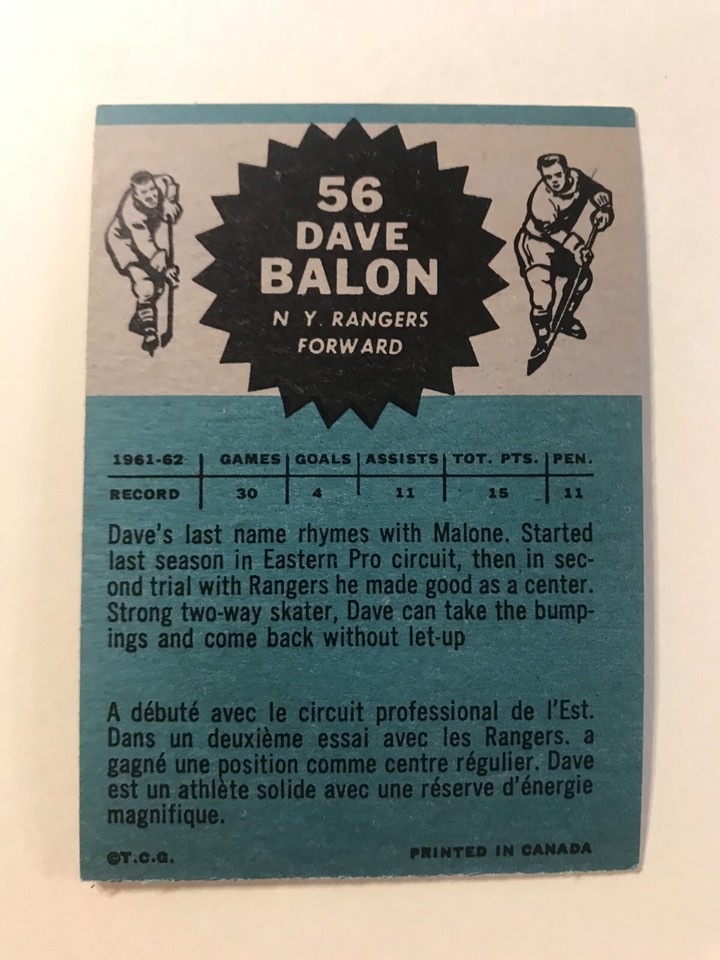 1962-63 Topps Hockey - Dave Balon #56 - New York Rangers - Rookie Card ...