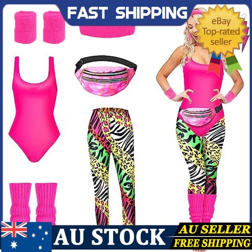 Women 80s Workout Costume Party Fancy Dress 90's T-shirt Bag Accessory ...