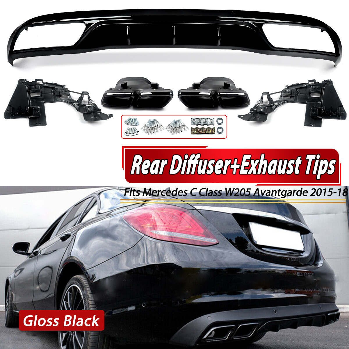 Rear Bumper Diffuser W/Tips For Mercedes Benz W205 C300 C200 Basic ...