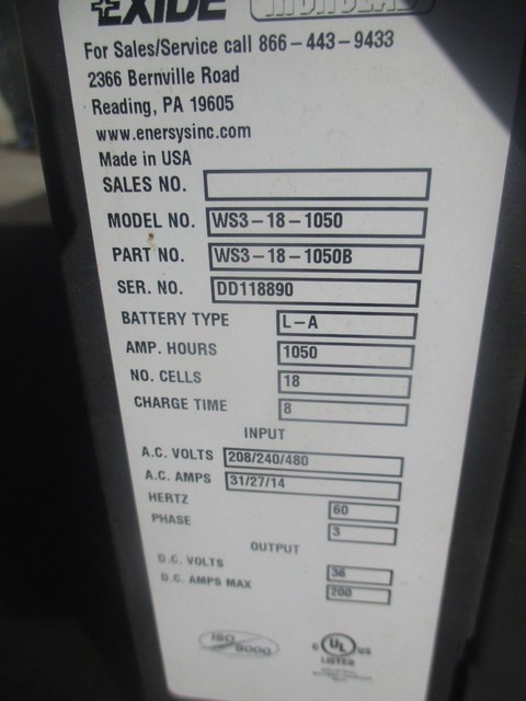 Exide Ironclad Workhog Model WS3-18-1050 Battery Charger. PN WS3-18 ...