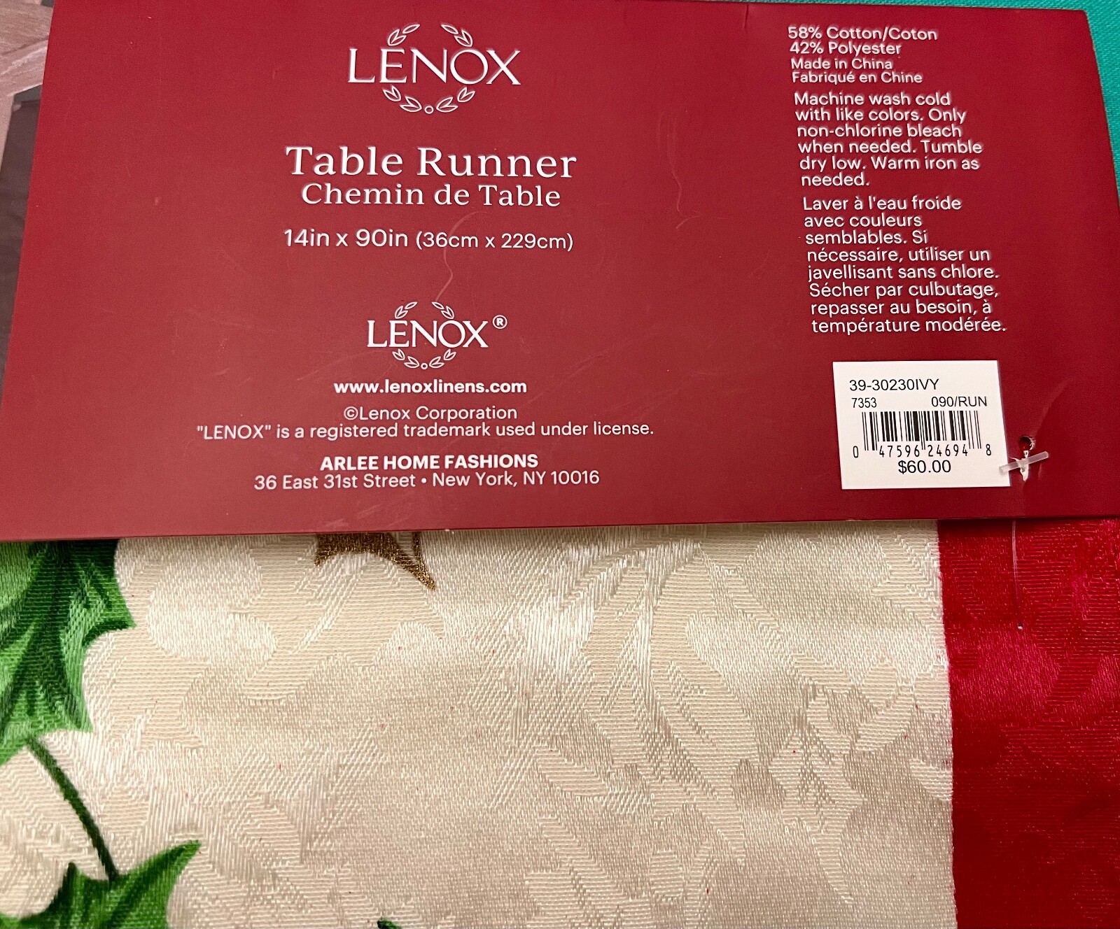 LENOX DELUXE CHRISTMAS TABLE RUNNER IVORY 14" X 90" RED BORDER GREEN ...