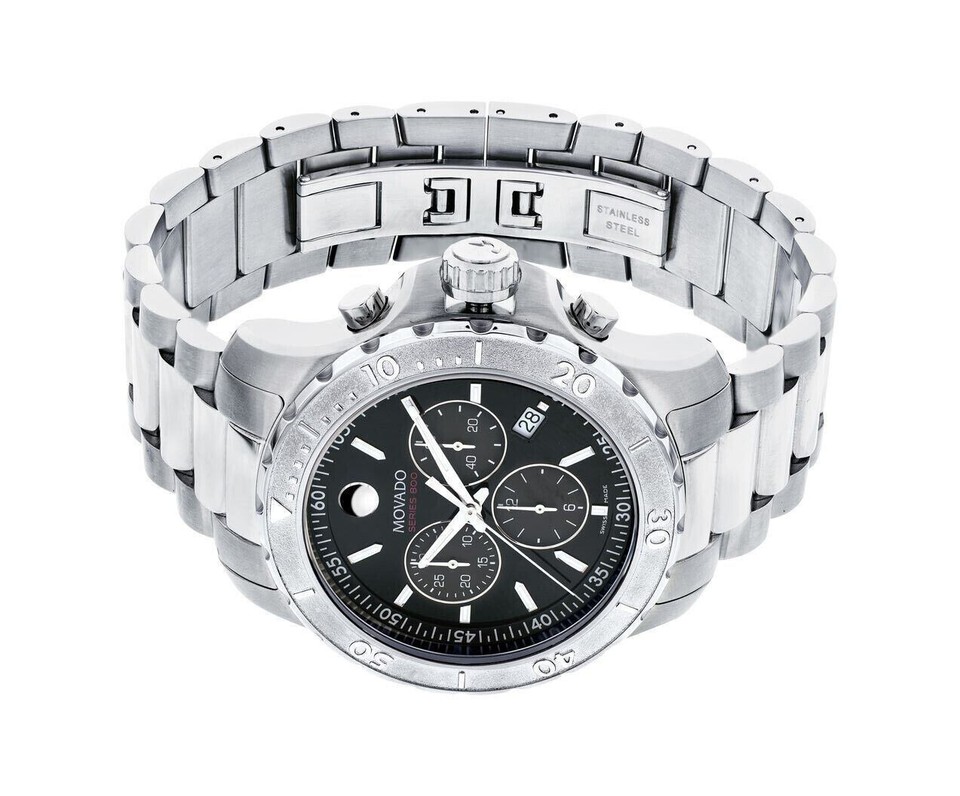 New Movado Series 800 Chronograph Black Dial Steel 2600110 Mens Swiss ...