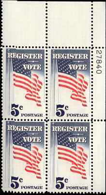 US Scott # 1249, Register and Vote, Plate Block of (4) 1964 5¢ Stamps ...