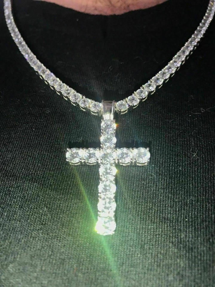 4mm Single Row Tennis Chain W. Cross Solid 925 Sterling Silver CZ ...