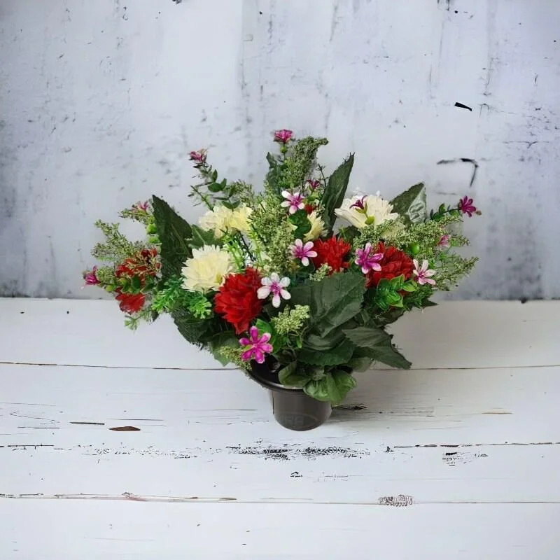 Cemetery Grave Vase Pot - Large Red / Ivory Artificial Flower Bunch ...