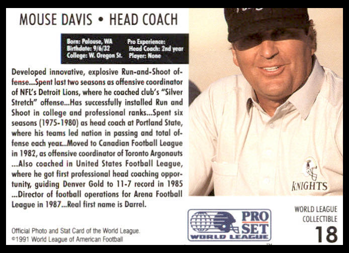 1991 Pro Set #18 Mouse Davis NY NJ Knights Football Card | eBay