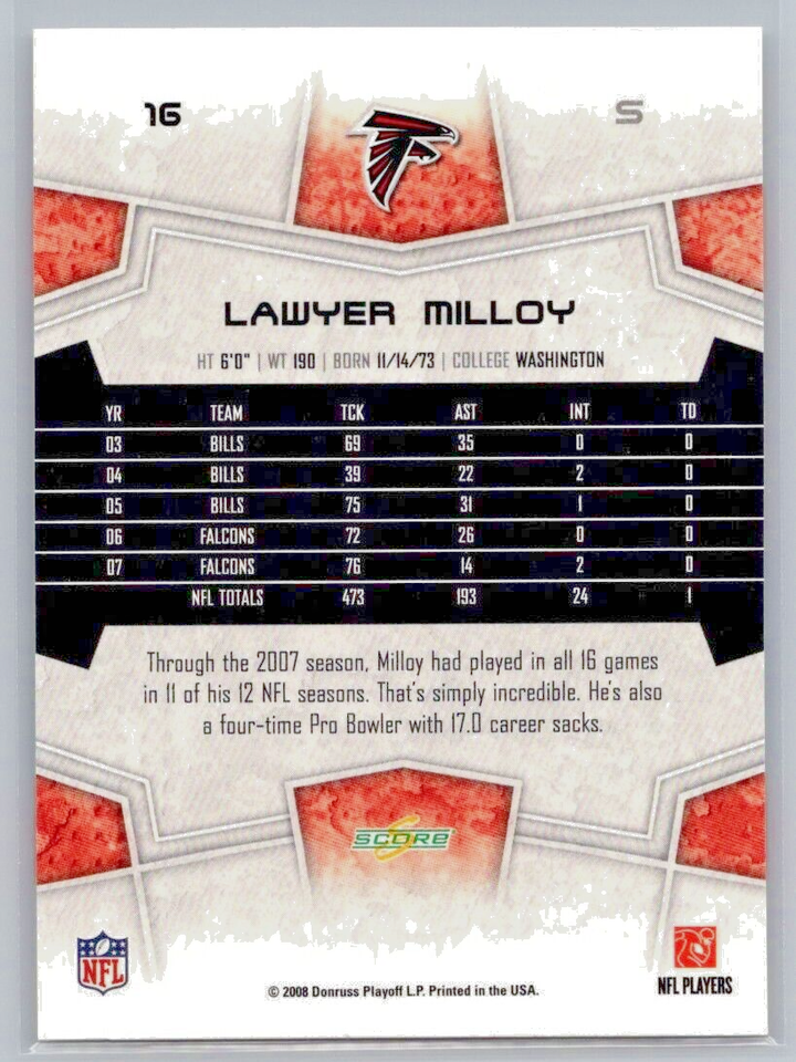 2008 Score Football - Lawyer Milloy - Atlanta Falcons - Base - #16 | eBay