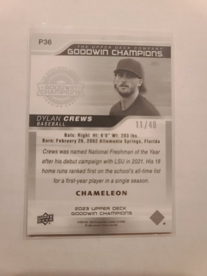 2023 UD Goodwin Champions Platinum Dylan Crews RC #P36 Chameleon 11/49 ...