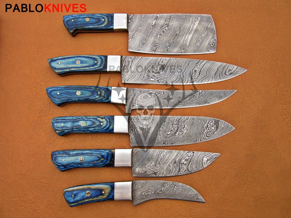 Set Of 6 Custom Handmade Damascus Steel Chef Knife” Blue Wood Handle ...