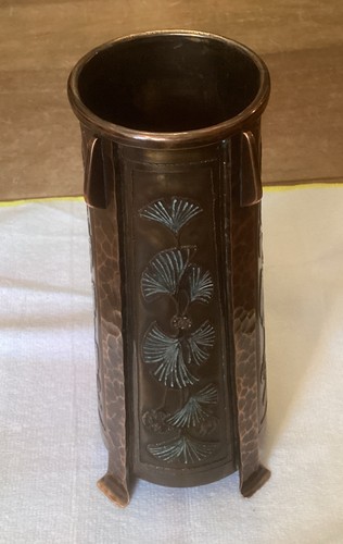 Vintage Arts & Crafts Hammered Copper Vase W/Ginko Leaves Signed Ray ...