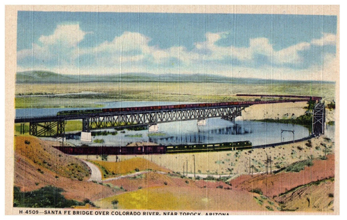 Santa Fe Bridge w Train Colorado River Top Rock Arizona Fred Harvey ...