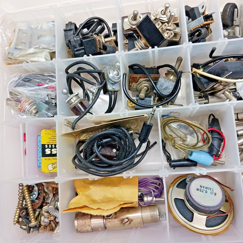 Lot of Electrical Switches, Knobs, Fuses, Alligator Clips etc. w ...