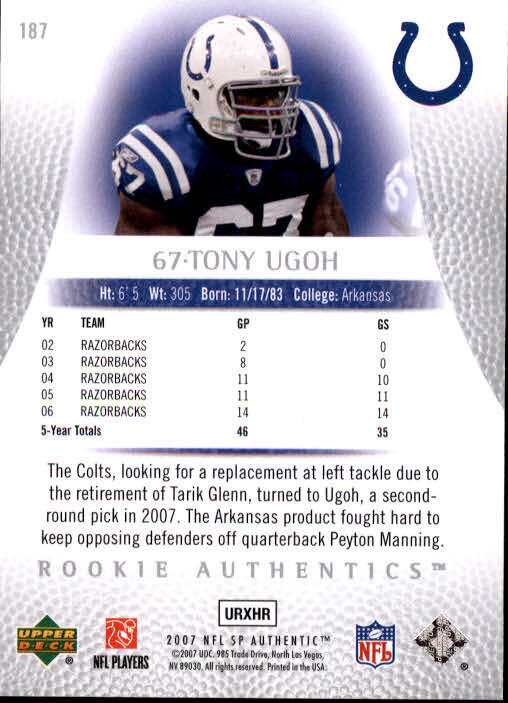 B0364- 2007 SP Authentic #187 Tony Ugoh RC /999 - NM-MT | eBay