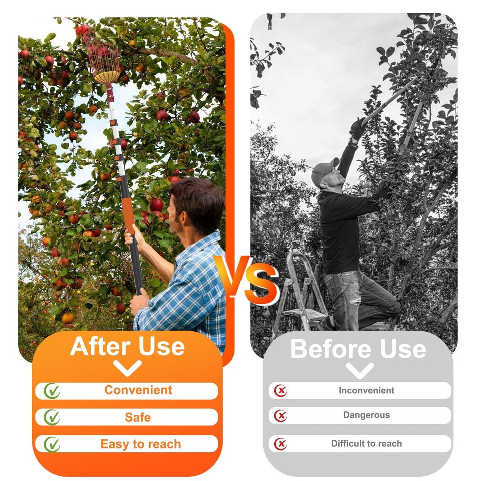 26FT Reach Fruit Picker Pole with Basket Telescoping, Apple Picker with ...