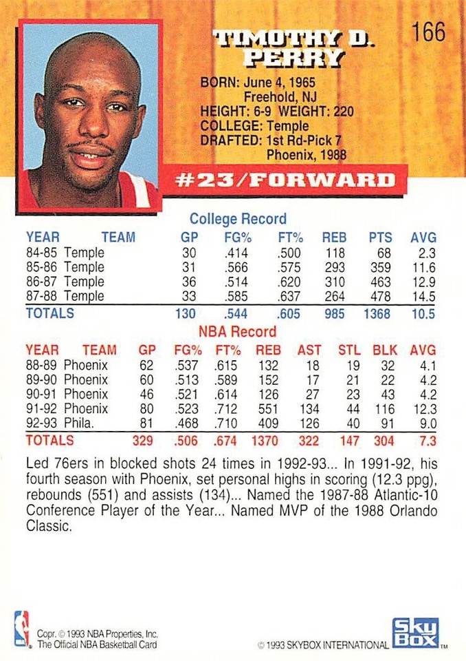 1993 Hoops #166 Tim Perry Philadelphia 76ers | eBay