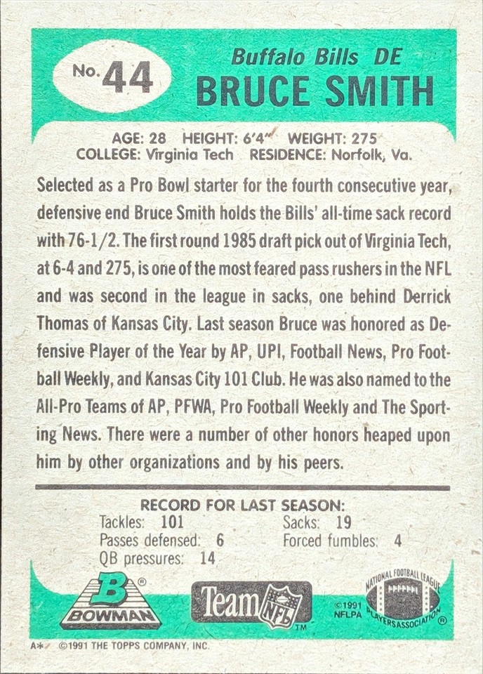 1991 Bowman #44 Bruce Smith Buffalo Bills | eBay