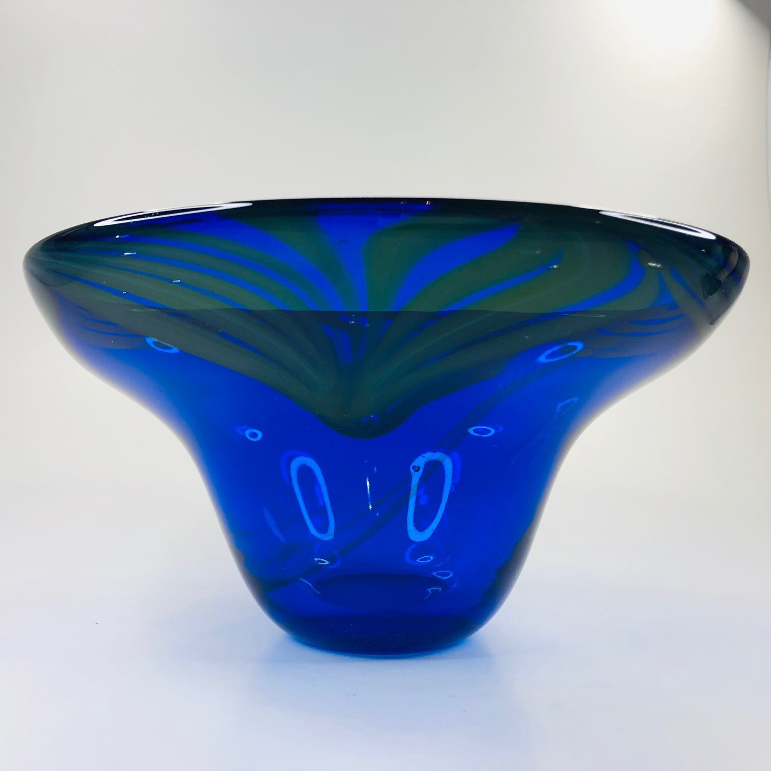 Ann Corcoran Cobalt Blue Art Glass Bowl with Sage Green Pulled Feather ...