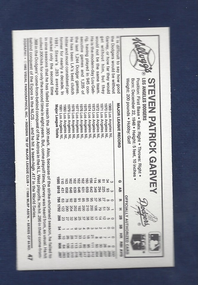 SHARP MINT 1982 KELLOGGS BASEBALL #47 STEVE GARVEY .99 SHIP Q532 | eBay