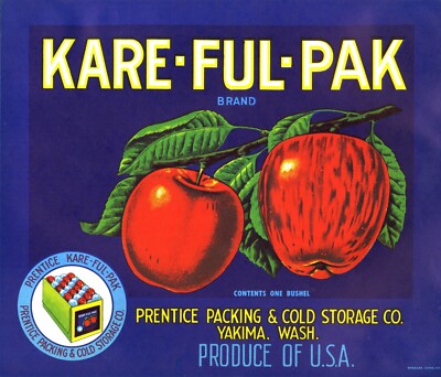 Kare-Ful-Pak Brand Apple Crate Label - Blue - One Bushel | eBay