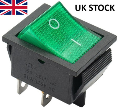 Rocker Switch 16A 240V, 20A 125V GREEN ON-OFF Double Pole 4 Pin ...