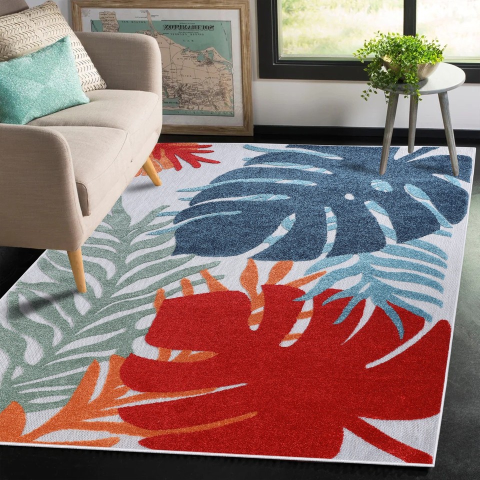 Tropical Leaves Coastal Palm Carpet Large Indoor Outdoor Area Rugs or ...