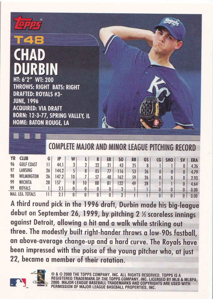 2000 Topps #T48 Chad Durbin MLB Kansas City Royals + (Yes 3 Free Mystery Cards) | eBay