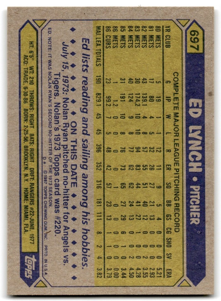 1987 Topps Ed Lynch b Chicago Cubs #697 | eBay