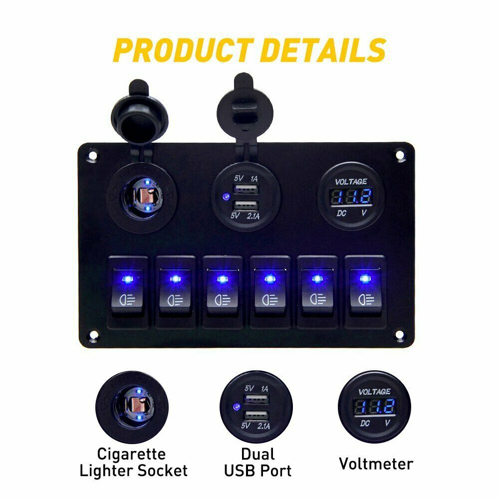 6 Gang Blue Rocker Switch Panel Circuit Breaker LED Waterproof Car ...