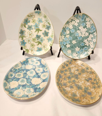 Pottery Barn Easter 8" Egg Plate Set 4Pc Floral Blue, Green, Yellow /w ...