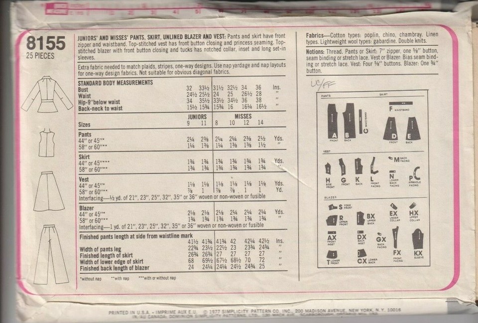 8155 SIMPLICITY c.1977 - BLAZER VEST PANTS SKIRT - Jr Sz 9 B 32" | eBay