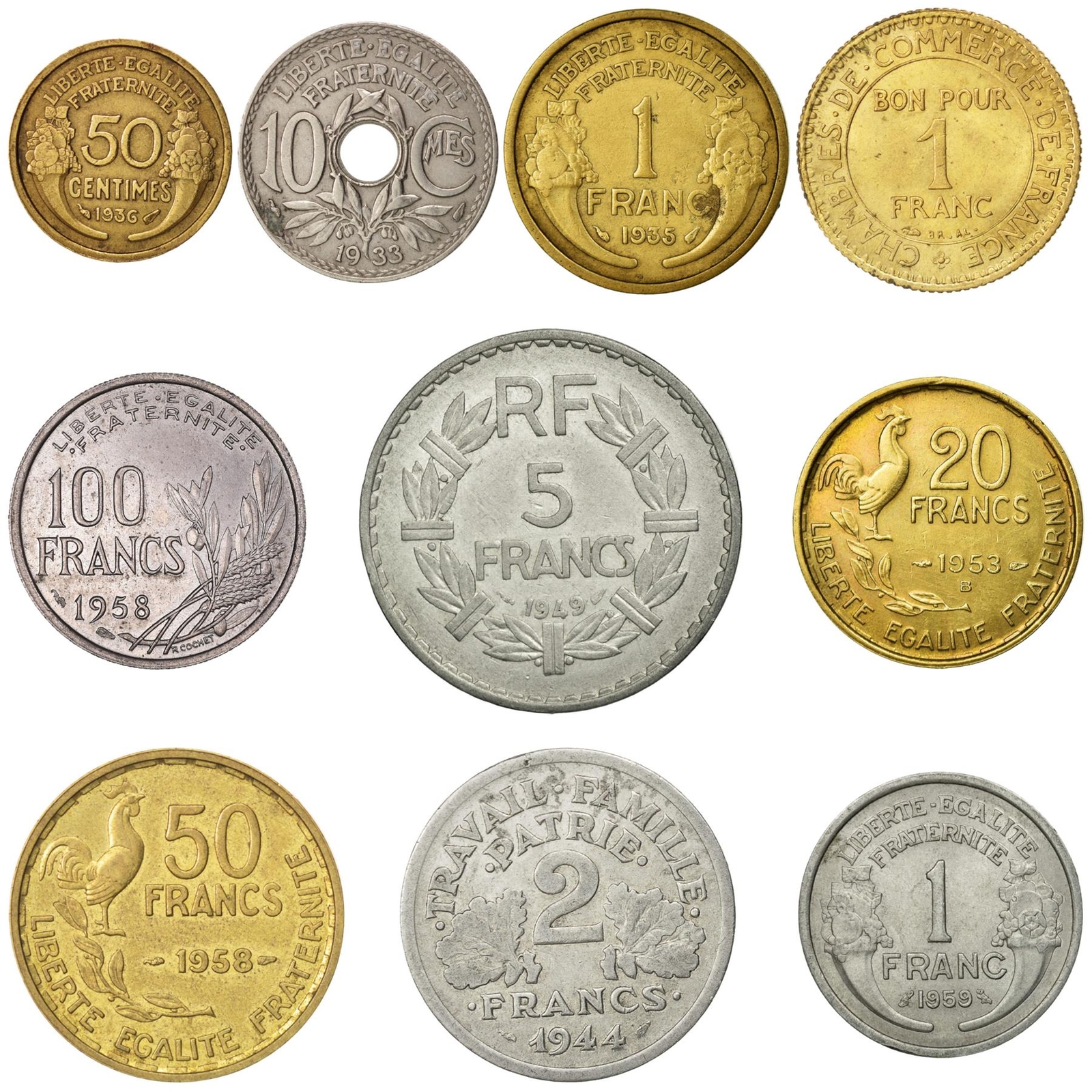 10 France Coins | French Collection | 10 50 Centimes 1 2 5 20 50 100 ...